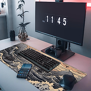 Japanese Sea Waves Large Gaming Mouse Pad,XL Mouse Pad Gaming Mouse Mat Desk Pad,31.5 x 11.8in Desk Mat Anime Mouse Pads for Desk,Extended Keyboard Pad Mousepad with Non-Slip Base and Stitched Edge