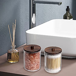 Tbestmax Qtips Holder Bathroom Container, 10/7 OZ Cotton Ball/Swabs Dispenser, Apothecary Jar Organizer for Storage Brown Wood Lids