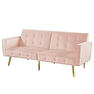 hansones Modern Velvet Button Tufted Folding Futon Sofa Bed with Armrest and Metal Legs for Living Room (Pink)
