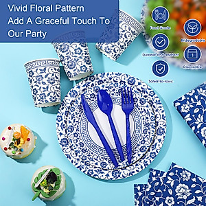Hushee 225 Pcs Blue and White Flower Disposable Tableware Set for 25 Guests 9 Inch 7 Inch Elegant Floral Paper Plates Cups Straws Napkins Knives Forks Spoons for Bridal Shower Wedding Birthday Party