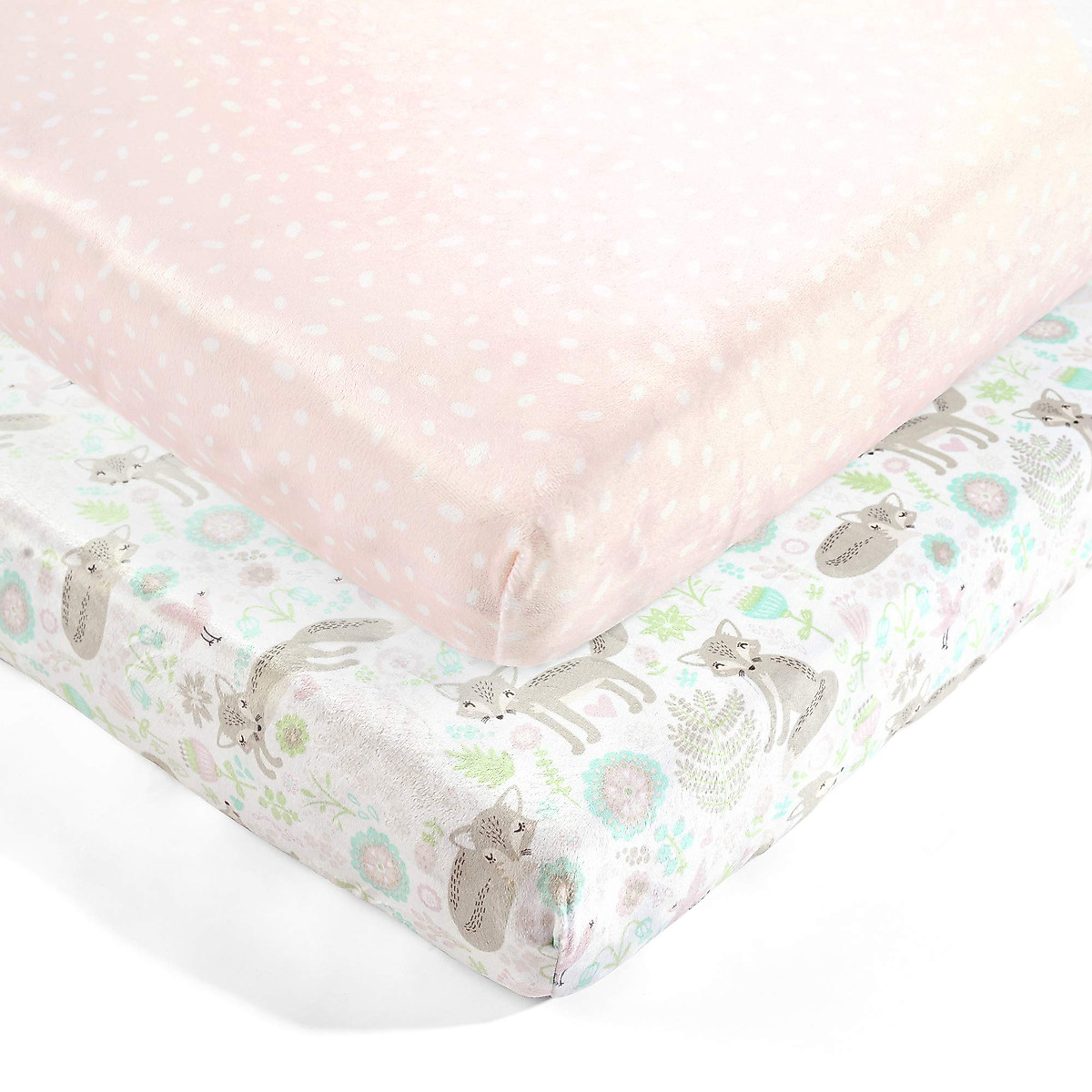Lush Decor Baby Pixie Fox Soft & Plush Fitted Crib Sheet, 2 Pack, Multi, 28" W x 52" L + 9" Pocket - Baby Bedding - Geometric, Floral & Fox Crib Sheets - Woodland Nursery Decor - Baby Shower Presents