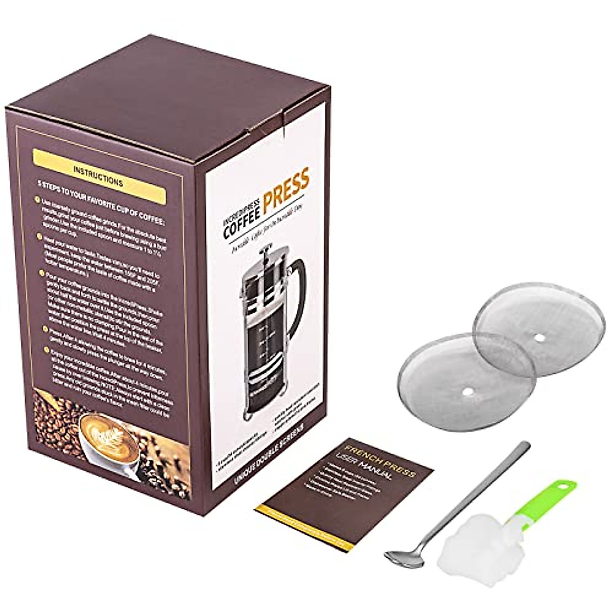 French Press Coffee Maker (34 oz) with 4 Filters - 304 Durable Stainless Steel, Heat Resistant Borosilicate Glass Coffee Press, BPA （include 1 cleaning brush,1 spoon and 2 spare filter screen）