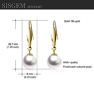 18k Real Yellow Gold Dangle Earrings for Women, Cultured Freshwater Pearl Drop Earring, 8mm (yellow-gold)