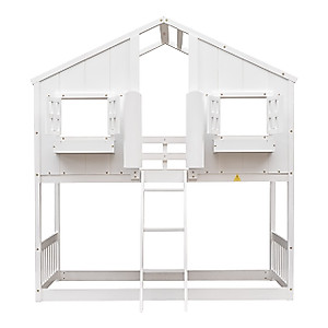 DEYOBED Twin Over Twin House Bed, Twin Bunk Beds Frame with Roof and Window Door, Window Box, Ladder, Wooden Playhouse Bunk Bed for Kids Girls Boys Teens, White
