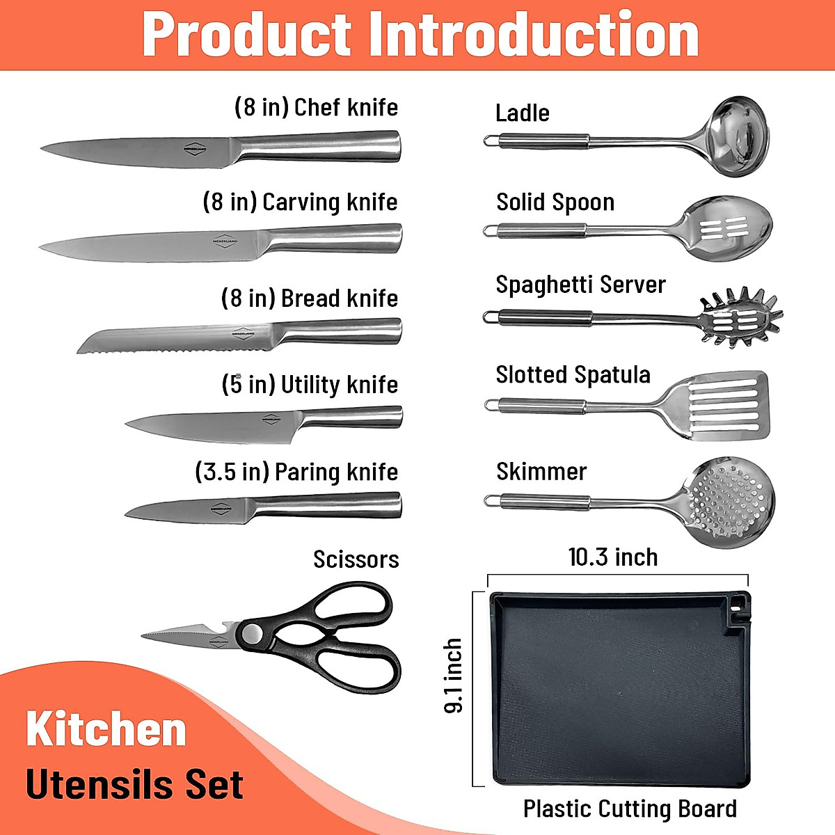 MENZELIANO 13 pcs kitchen knife set with block and cooking stainless steel utensils set with holder