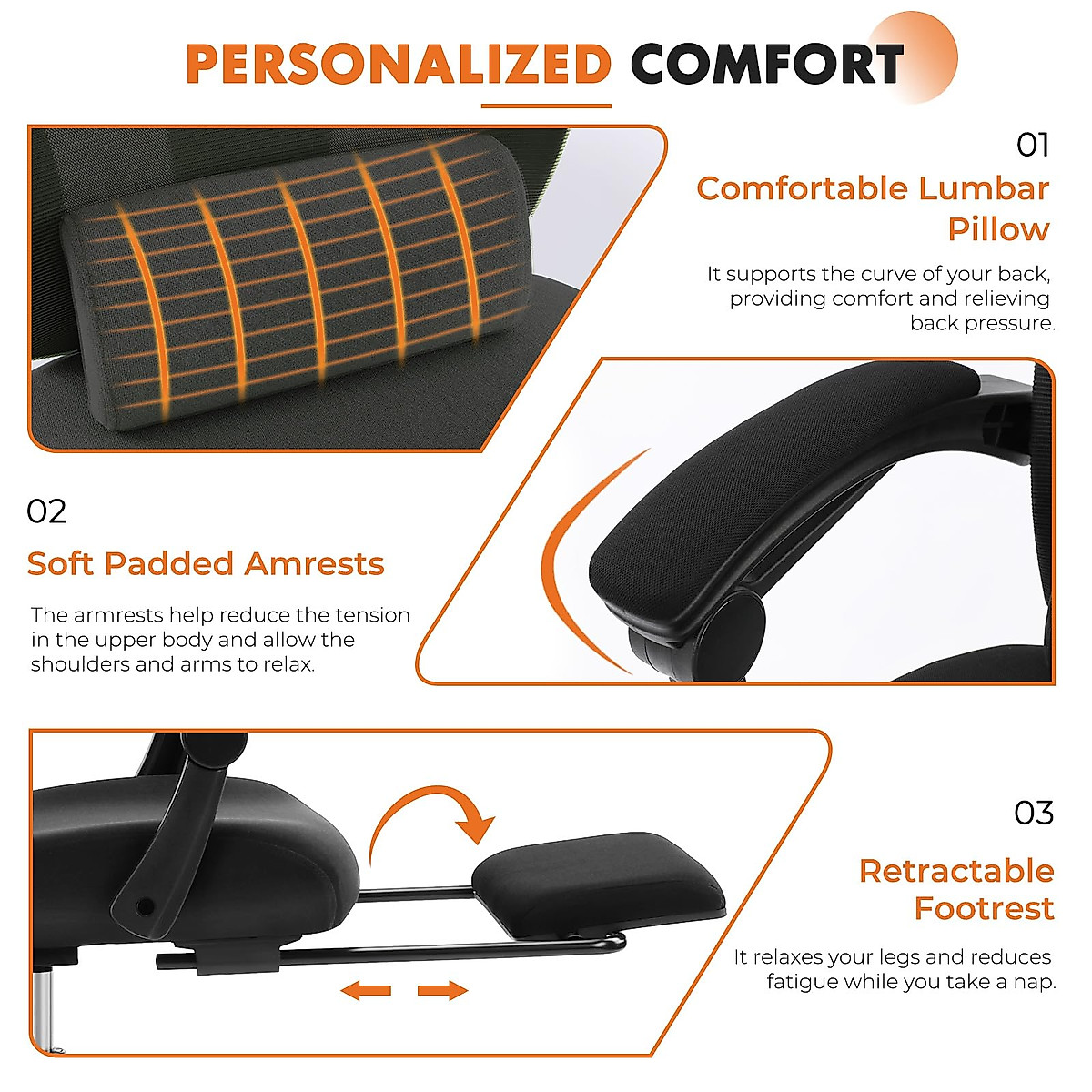 Sweetcrispy Office Computer Desk Chair, Ergonomic High-Back Mesh Rolling Work Swivel Chairs with Wheels, Comfortable Lumbar Support, Comfy Arms for Home, Bedroom, Study, Student, Black