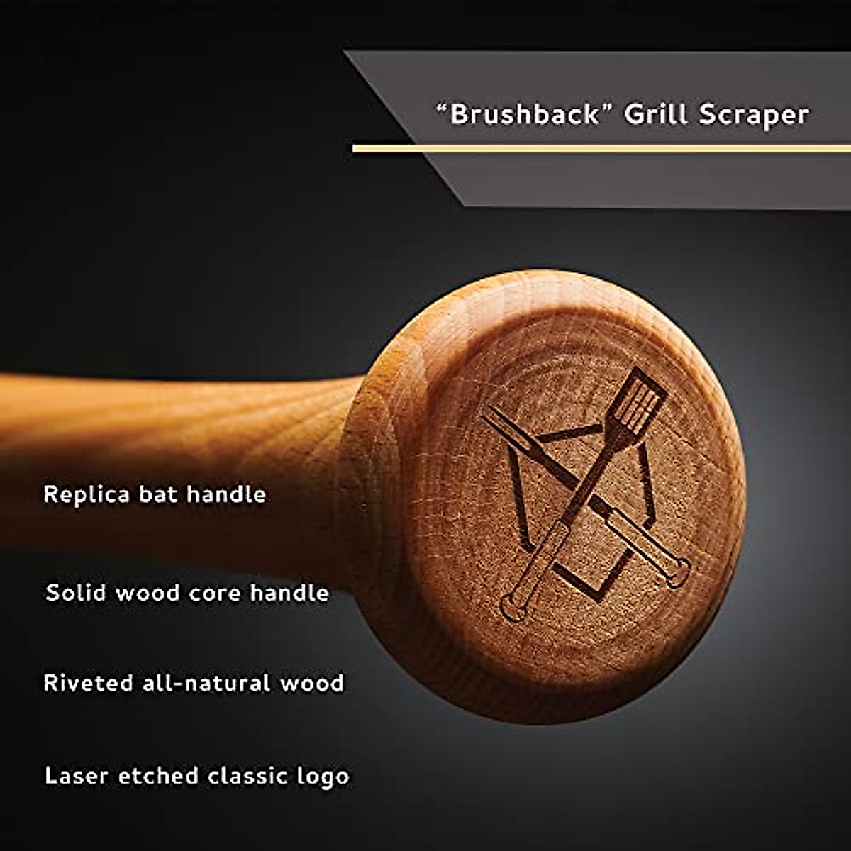 Baseball BBQ | 'Brushback' Grill Scraper Tool | BBQ Grilling Accessories & Utensils for Baseball Fans | Patented Wooden Bat Handle & Quality Stainless Steel for Dad | Add to Set