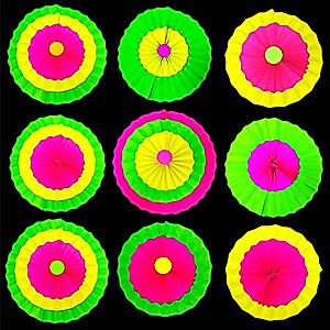 Glow Party Neon Party Supplies, Fluorescent Hanging Paper Fans Set, Colorful Black Light Paper Garlands Decoration for Glow Party Birthday Wedding Graduation Events Accessories, Set of 6
