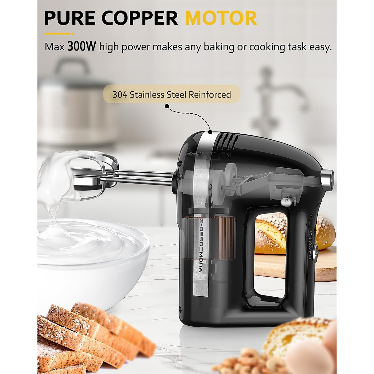Z-DESDEMONA Electric Hand Mixer, Powerful 300W Hand Mixer Electric Handheld with 304 Beaters, Dough Hook,Hand Held Mixer with Turbo for Baking Cakes, Eggs, Cream Food(Black)