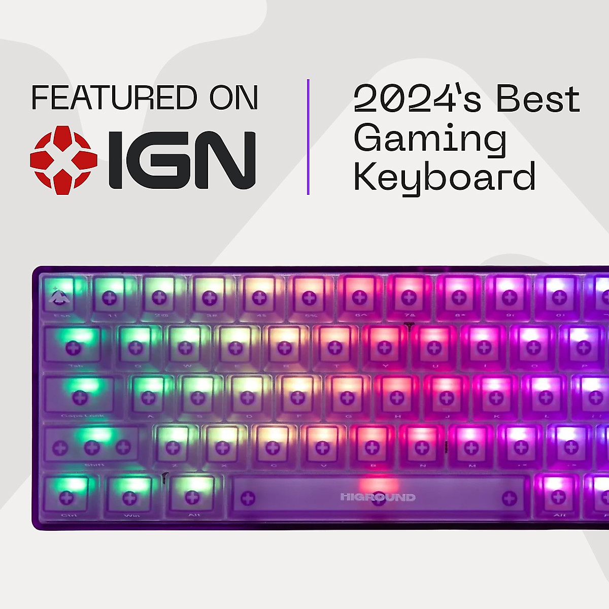 Higround Crystal Amethyst Basecamp 65% Mechanical USB Wired Gaming Keyboard, White Flame Switches, Programable RGB, Transparent/Translucent, Hot-Swappable, Deep Thock Creamy Sounding PC Keyboard