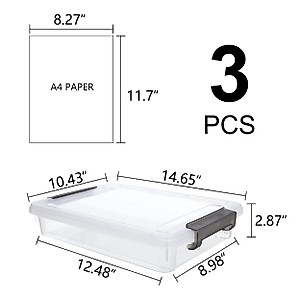 Citylife 3 PCS Plastic Storage Bins with Latching Lids Portable Project Case Clear File Box Stackable Storage Containers for Organizing A4 Paper, Photo, Document, Scrapbook