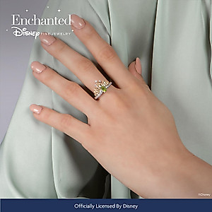 Jewelili Enchanted Disney Fine Jewelry Sterling Silver And 10K Yellow Gold 1/10 Cttw Diamond and Peridot Tiana Water Lily Tiara Ring, Size 5