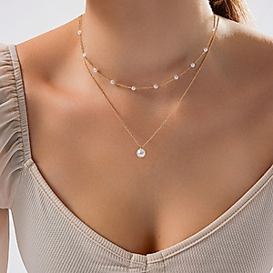 Partm Pearl Necklace for Women Layered Trendy 14K Gold Plated Dainty Pearl Pendant Choker Set Handmade Pearl Gold Necklace Stack Simple Cute Jewelry Gifts for Women