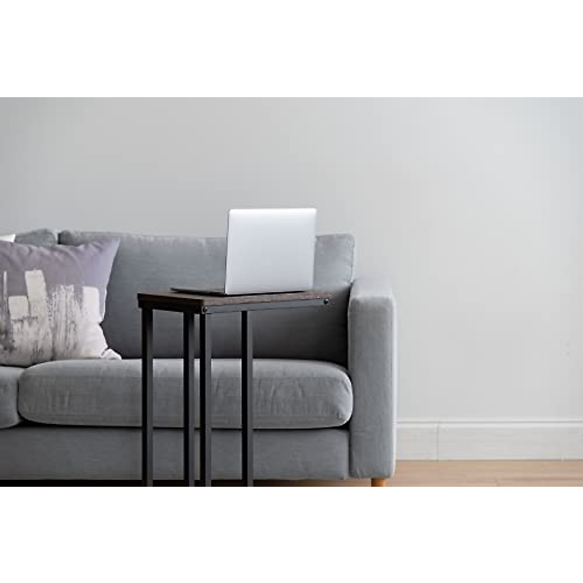 IRIS USA SDT Metal Side, Wood Accent Sofa End Table Computer Desk Coffee Snack, Night Stand, C-Shape Basic