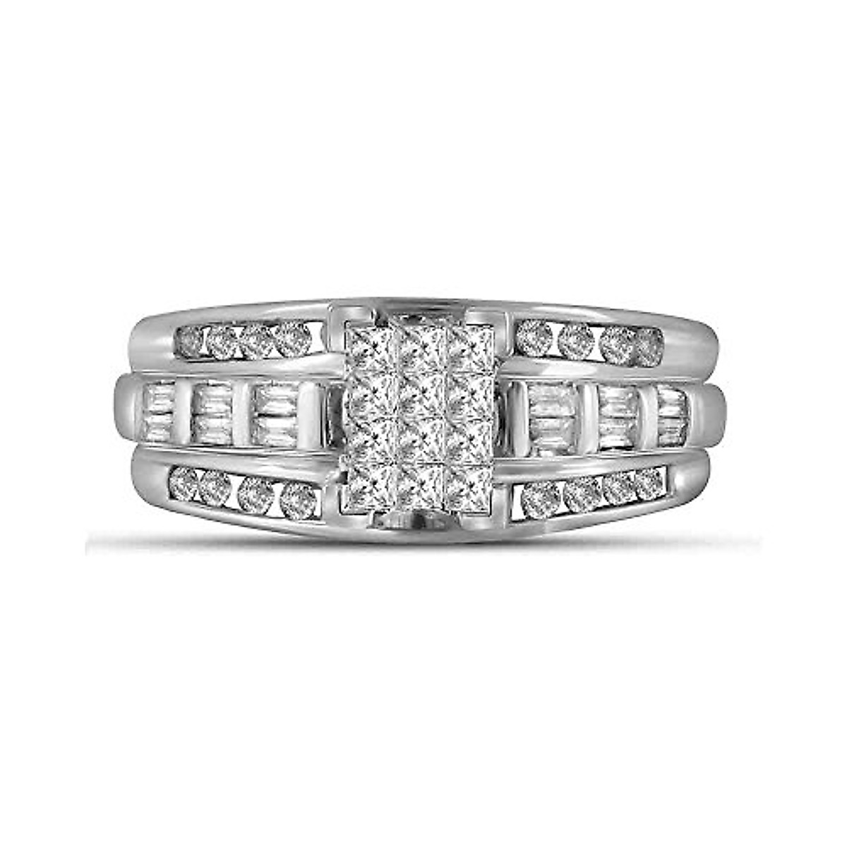 Size - 8.5-10k White Gold Diamond Engagement Wedding Ladies Womens Solitaire Emerald Shape Center Invisible Type Setting Princess, Round & Baguette Cut Diamond Ring 6mm (1/2 cttw)