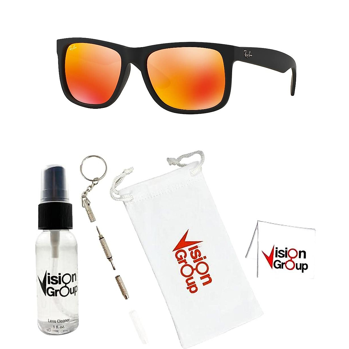 Ray-Ban RB4165 Justin Sunglasses + Vision Group Accessories Bundle,unisex-adult (Rubber Black/Brown Mirror Orange (622/6Q),55)