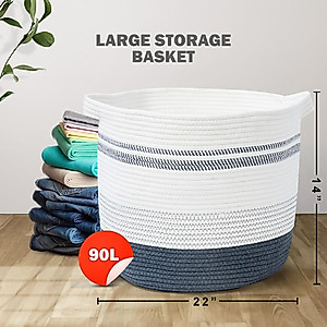 Homify Blanket Basket 100% Cotton Rope Woven Baskets for Storage 22"x14" 90L XXX-Large Laundry Basket with Soft Handle Rope Basket for Living Room, Toy, Pillow & Clothes - Gray & White