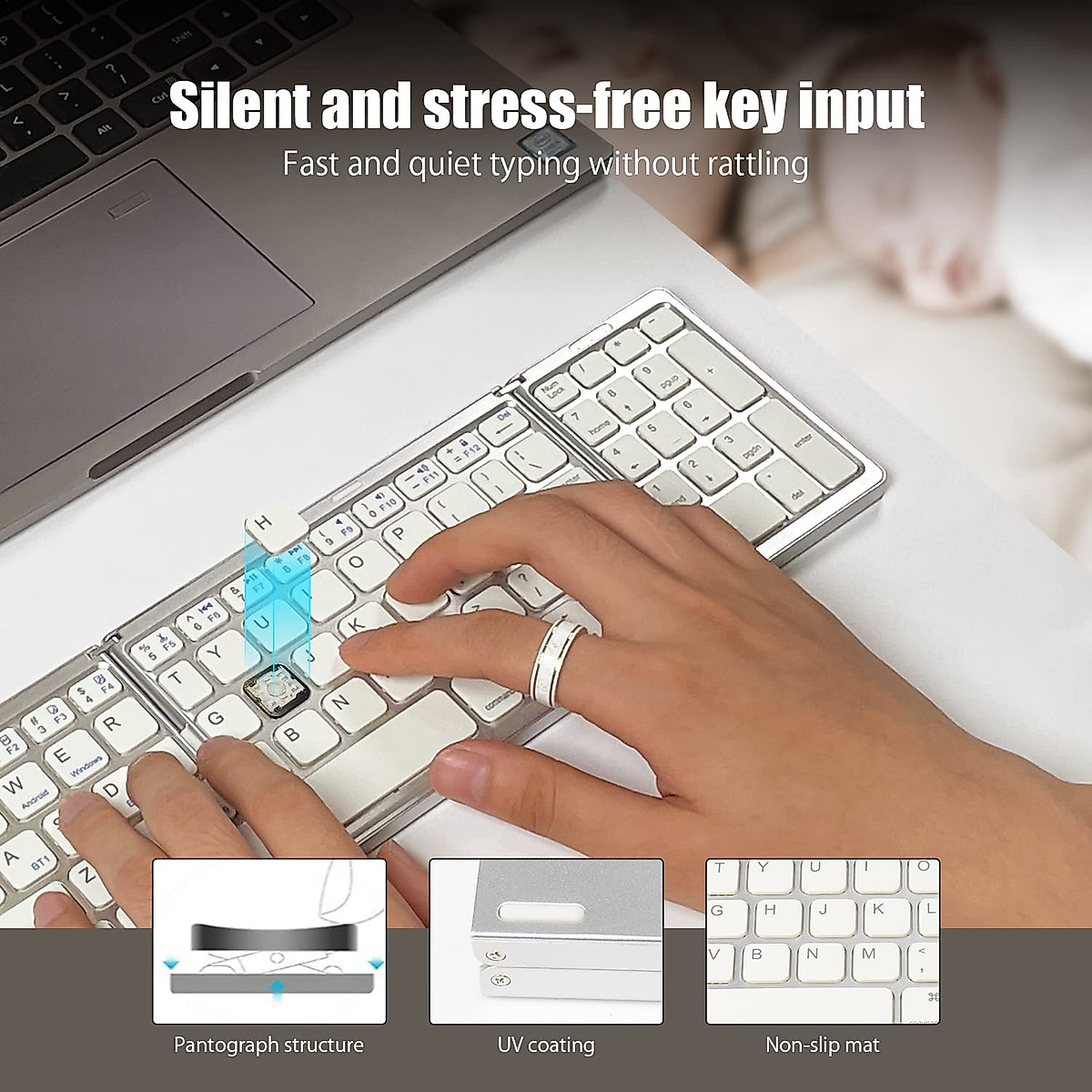 BRIMFORD Foldable Bluetooth Keyboard, Foldable Wireless Portable Keyboard with Numeric Keypad, USB-C Rechargeable Travel Keyboard for Laptop,Tablet,iPad,Smartphone(Silver)