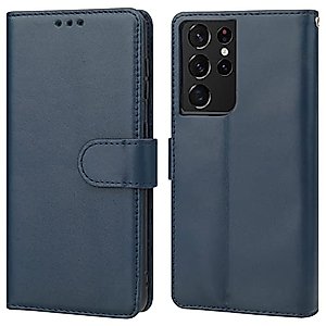 ONETOP for Samsung Galaxy S21 Ultra Wallet Case with Card Holder, Genuine Leather RFID Blocking Kickstand Wireless Charging Compatible, Long Magnetic Clasp Folio Cover with Wrist Strap 6.8 Inch Blue