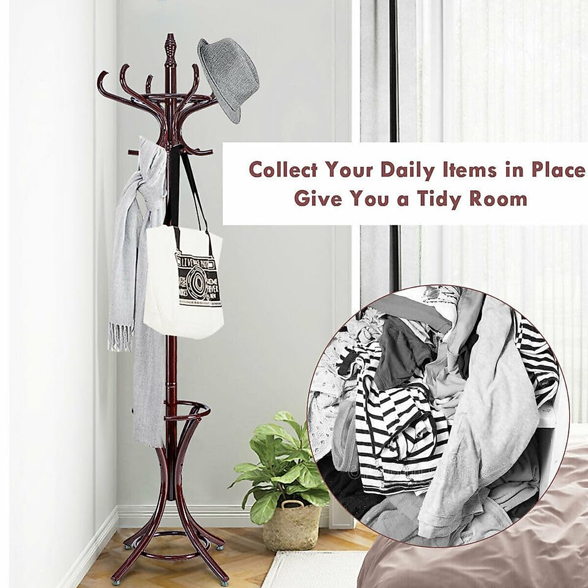 Tangkula 75.5" Standing Coat Rack, Wood Coat Tree with 12 Hooks, Home Hat Jacket Hanger Tree 12 with Umbrella Holder Coat Stand (Brown)