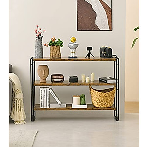 Bookshelf,3-Tier Open Bookcase,Rustic Wood and Metal Industrial Display Book Shelves Home Office,Bedroom Standing Shelf Unit,Horizontal Kitchen Shelf Organizer,Bathroom Storage Rack Mid Century 40in