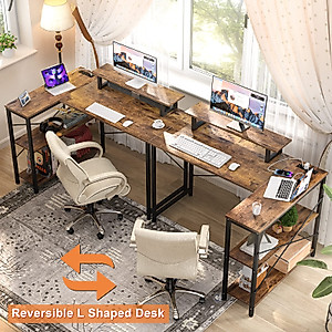 Homieasy L Shaped Computer Desk with LED Strip & Power Strip, 47 Inch Corner Desk with Monitor Stand Reversible Storage Shelves, Modern Simple Home Office Gaming Desk with Storage Bag(Rustic Brown)