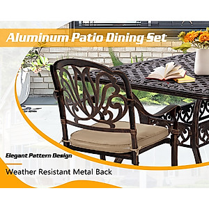 TITIMO Cast Aluminum Patio Dining Set 7-Piece with Cast-Top Rectangular Table and 6 Flower Chairs with Cushions,Outdoor Furniture Set for Backyard Porch Pool (Khaki)