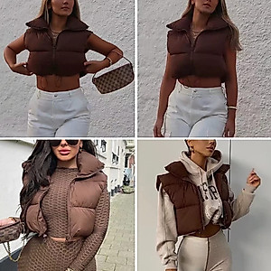 KEOMUD Women's Winter Crop Vest Lightweight Sleeveless Warm Outerwear Puffer Vest Padded Gilet Brown Medium