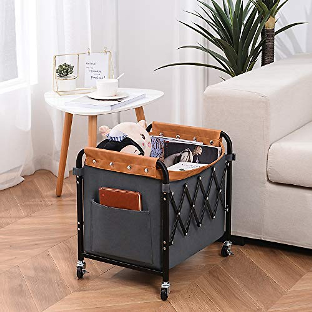 Whitsunday Home Clothes Laundry Storage Organizer Foldable Cart Basket with Rolling Wheels (Standard Size, Dark Grey)