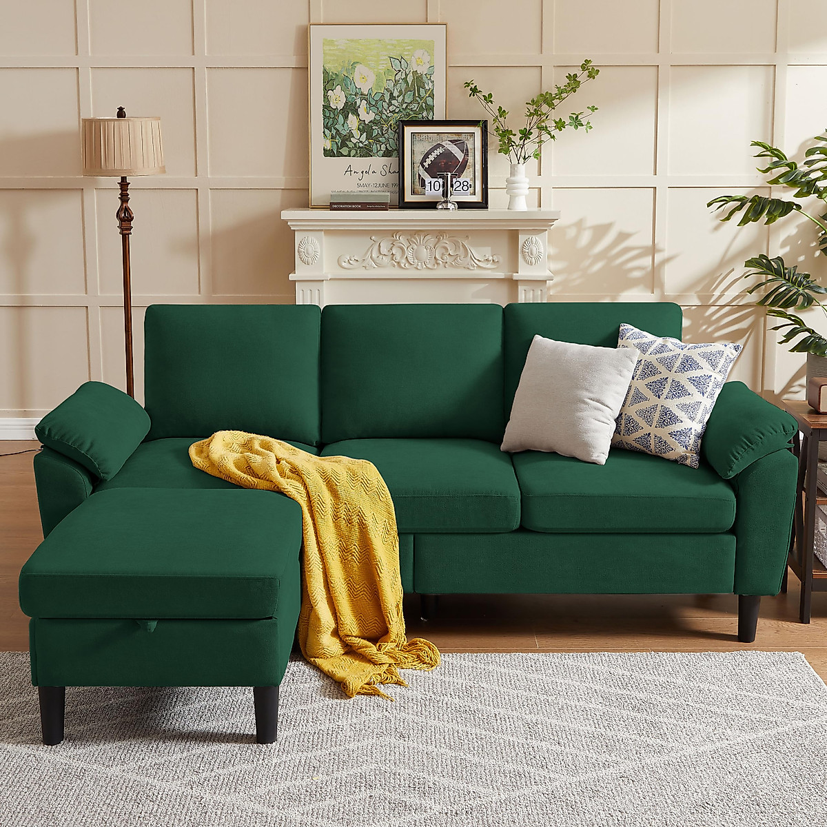 Soscana Sectional Sofa,82" L Shaped 3 Seater Couch with Movable Ottoman Armrest Pillow Polyster Fabre for Small Spaces, Green