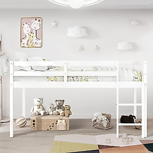 Antetek Twin Loft Bed Frame, Solid Pine Wood Twin Size Bed Frame with Ladder and Safety Full-Length Guardrail, Low Loft Bed for Kids, Teens, Boys, Girls, No Box Spring Needed, White