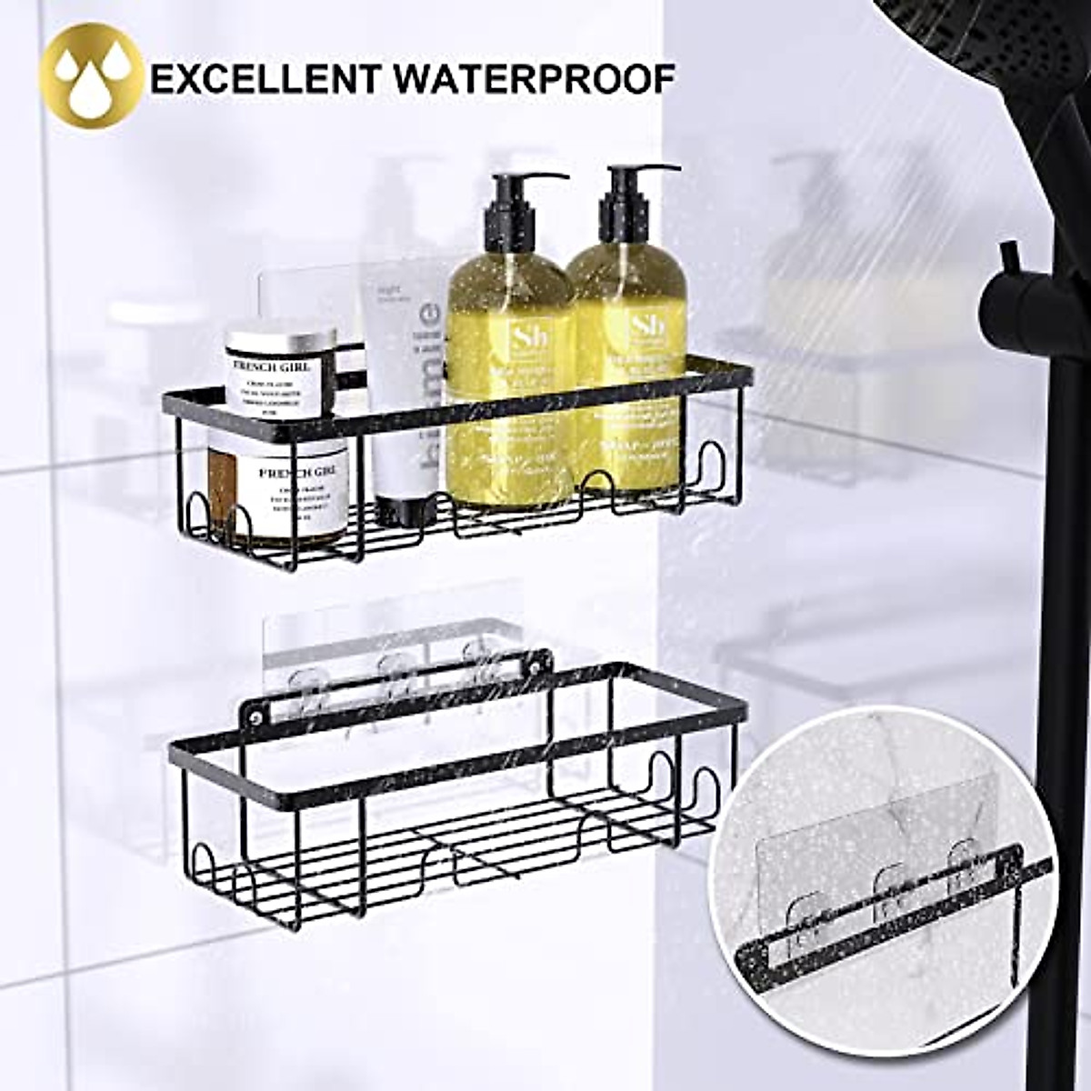 Priksia Shower Caddy, Adhesive Shower Shelves 3 Pcs, Shower Racks for Inside Shower, Hanging Shower Organizer, Bathroom Storag Shower Shelf Black Rustproof with Hook, No Drilling