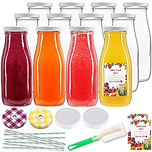 SUPERLELE 12pcs 12oz Glass Juice Bottles, Reusable Glass Bottles with Caps and Straws, Glass Bottles for Juicing, Milk, Smoothie, Drinking and Other Beverages