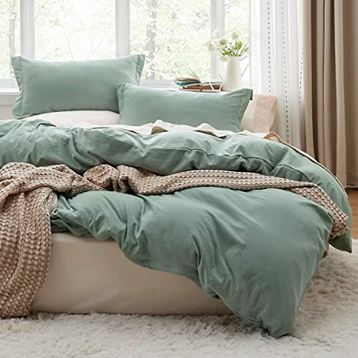 Bedsure Sage Green Duvet Cover Queen Size - Soft Prewashed Queen Duvet Cover Set, 3 Pieces, 1 Duvet Cover 90x90 Inches with Zipper Closure and 2 Pillow Shams, Comforter Not Included