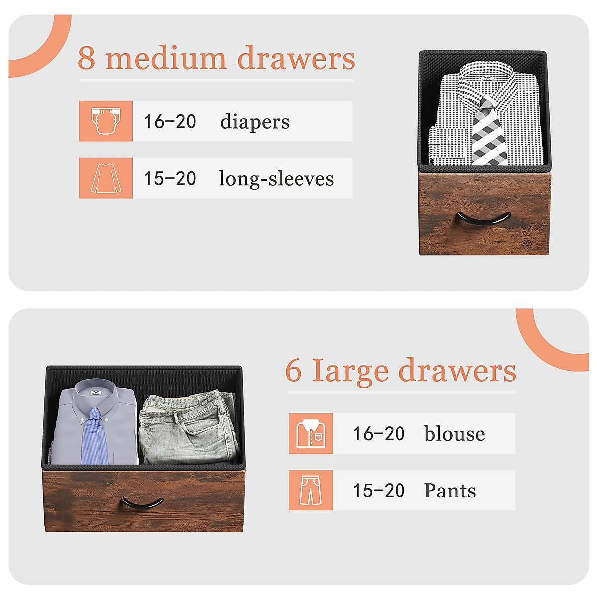 LIVEHOM 14 Dresser Drawer for Bedroom, Tall Dresser with Fabric Storage Drawer, Large Dressers & Chest of Drawers for Kid Room, Closet, Living Room, Entryway (Rustic Brown)