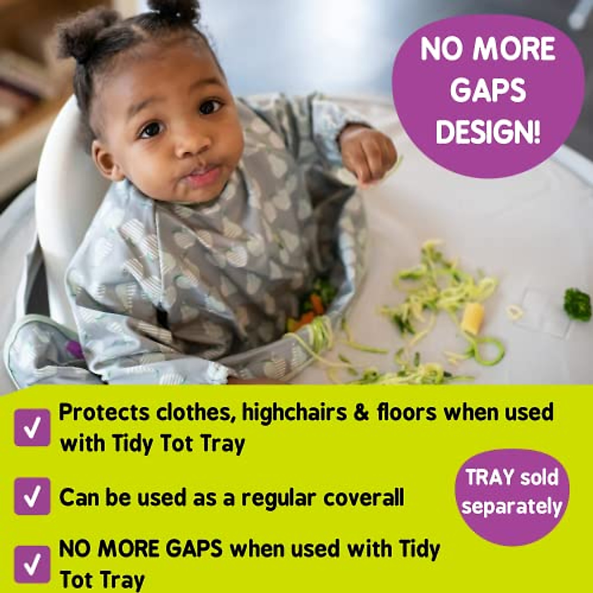 Tidy Tot- Spare Baby Bib for Bib & Tray Kit - Mess Proof Long Sleeve Smock Attaches to Feeding Mat - Waterproof Bib – Machine Washable. Fits Babies and Toddlers 6-24 months - Apple