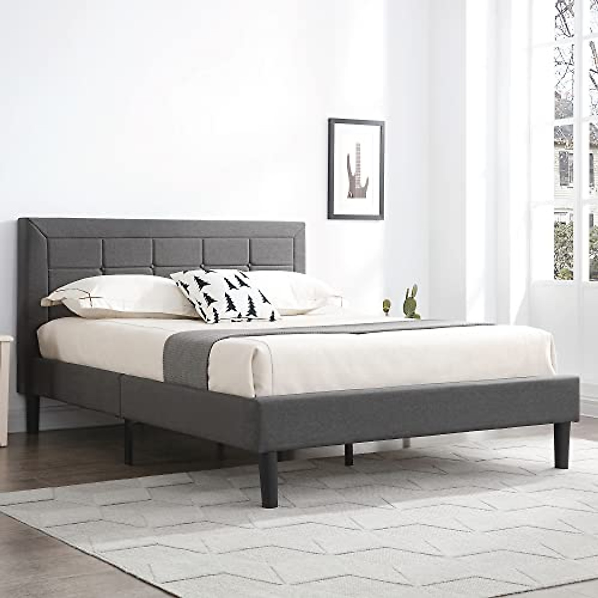 Classic Brands Mornington Upholstered Platform Bed | Headboard and Wood Frame with Wood Slat Support, Full, Grey