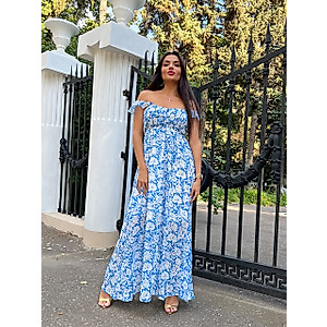 MERMAID'S CLOSET Womens Straps Blue Floral Print Smocked Maxi Dress Boho Casual Chiffon Flowy Beach Long Dresses