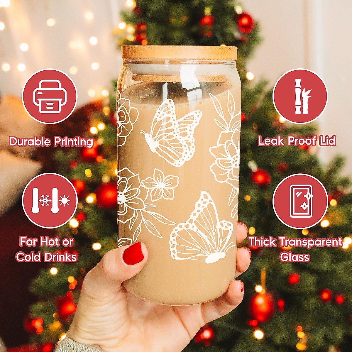 Fairy's Gift Butterfly Gifts for Women - Iced Coffee Cup, Aesthetic Floral Butterflies Glass Cup w/Lid & Straw, Butterfly Tumbler - Christmas, Birthday Gifts for Women Mom Friend Bestie