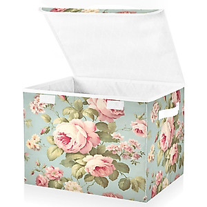 senya Flower Baskets Collapsible Storage Bins with Lids, Vintage Pink Rose Flower Storage Boxes Clothes Baskets for Organizing, B06D22020