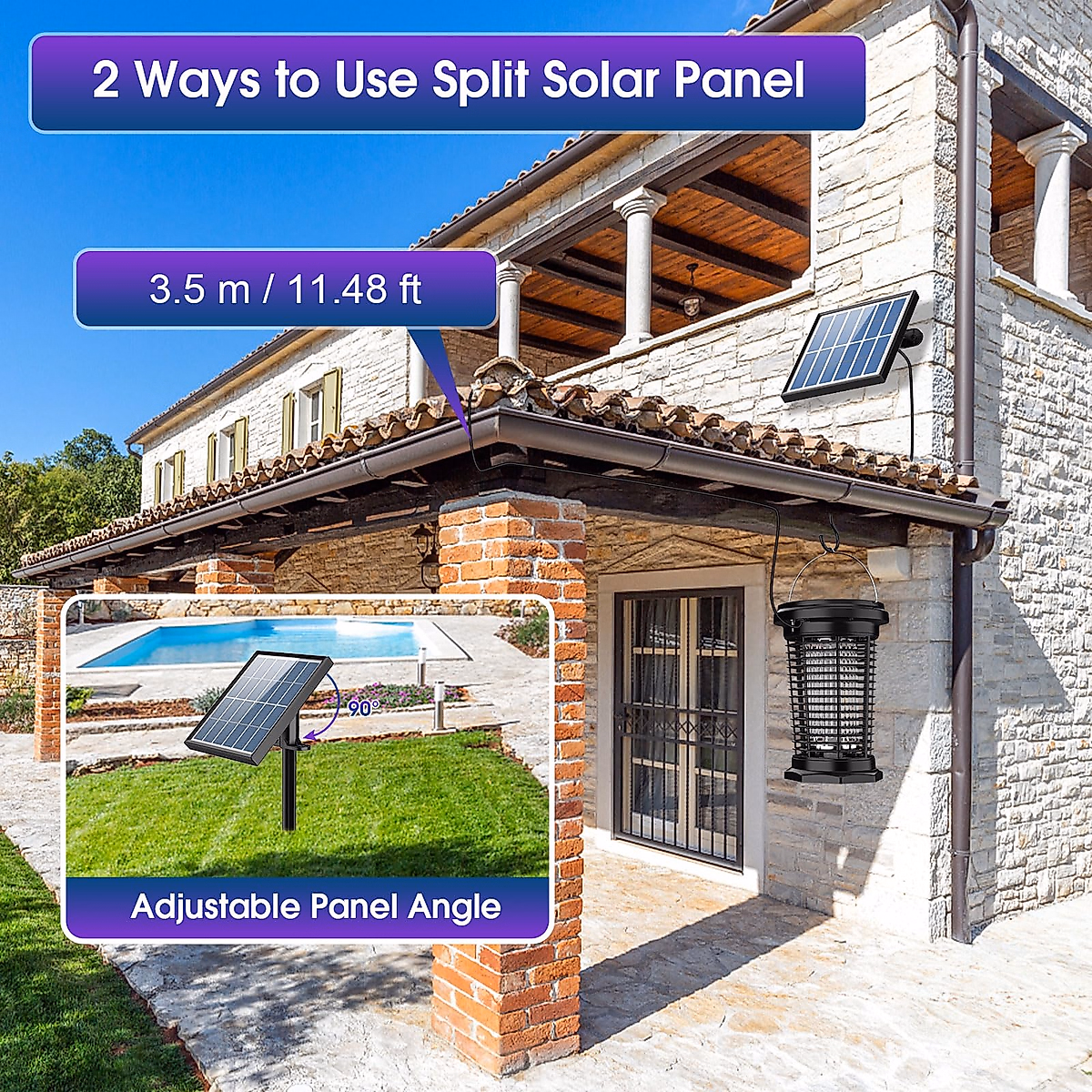 Solar Bug Zapper for Outdoor & Indoor, USB Rechargeable Mosquito Killer Lamp with UV Light, 4500V Electric Fly Traps, 5.5W Insect Zapper for Patio, Home, Backyard, Garden, Camping