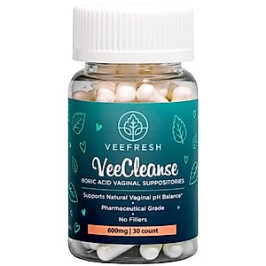VeeFresh - VeeCleanse Boric Acid Vaginal Suppositories - Vaginal pH Balance Suppositories - Vaginal Odor Control - Feel Fresh, Feminine and Confident