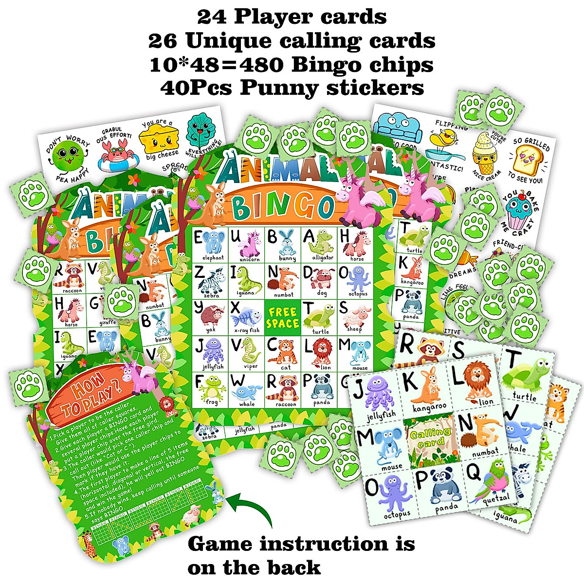 Animal Bingo Game for Kids Toddler Adults Family, Animal Bingo Cards Letter Recognition Jungle Safari Party Game with 24 Players & 40Pcs Punny Stickers for Party Favors Kindergarten Activity Supplies