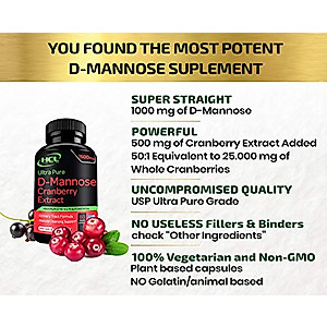 HCL HERBAL CODE LABS D-Mannose with Cranberry Extract Capsules 1500mg Super Strength Pills – Fast-Acting UTI Urinary Tract – Bladder Health Supplement
