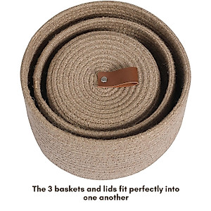 Cottonphant Set of 3 Stylish Round Woven Baskets with Lids - Elegant Storage Solution for Home Decor and Organization - Compact Shelf Baskets (Jute, 10"x6"-8"x5"-6"x4")