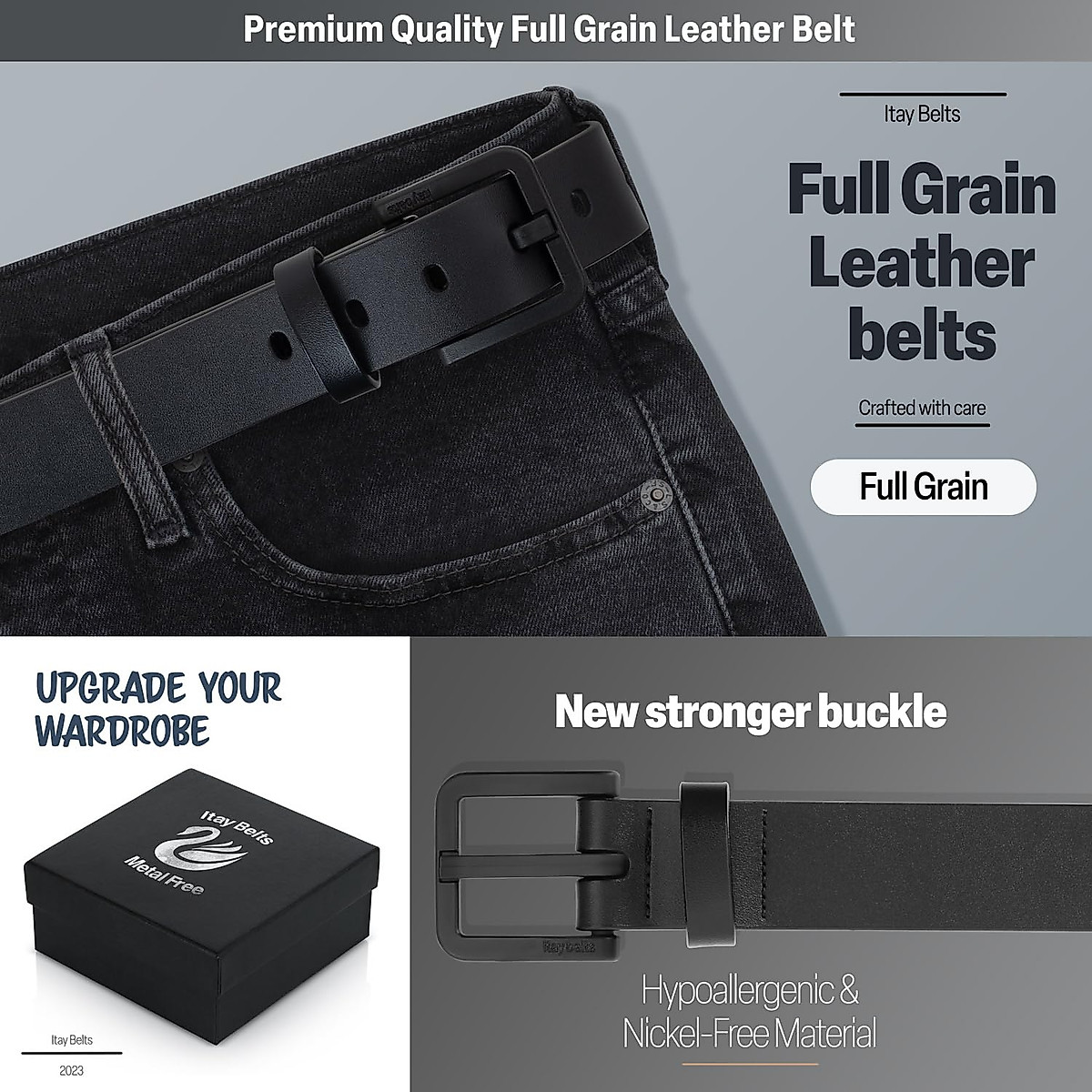 ITAY Metal Free Belt - Hypoallergenic Full Grain Leather TSA Belt Strap,Sturdy Men's Adjustable Belt,Nickel Free Belt for Men