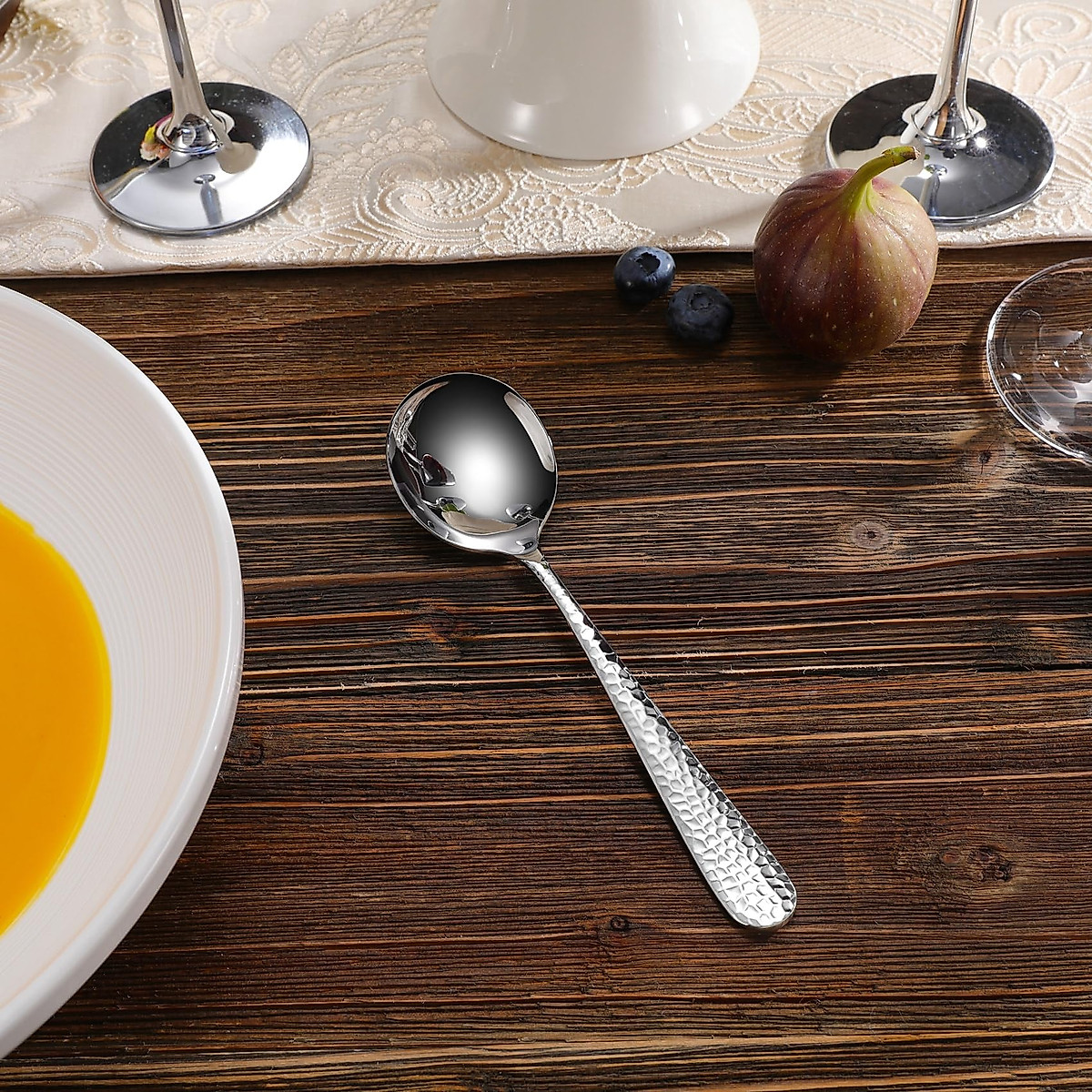 KEAWELL Premium 4-Piece Louise Hammered Spoons Set, 18/10 Stainless Steel, Set of 4, Fine Spoon Set with Round Edge, Dishwasher Safe (7" Soup Spoons)