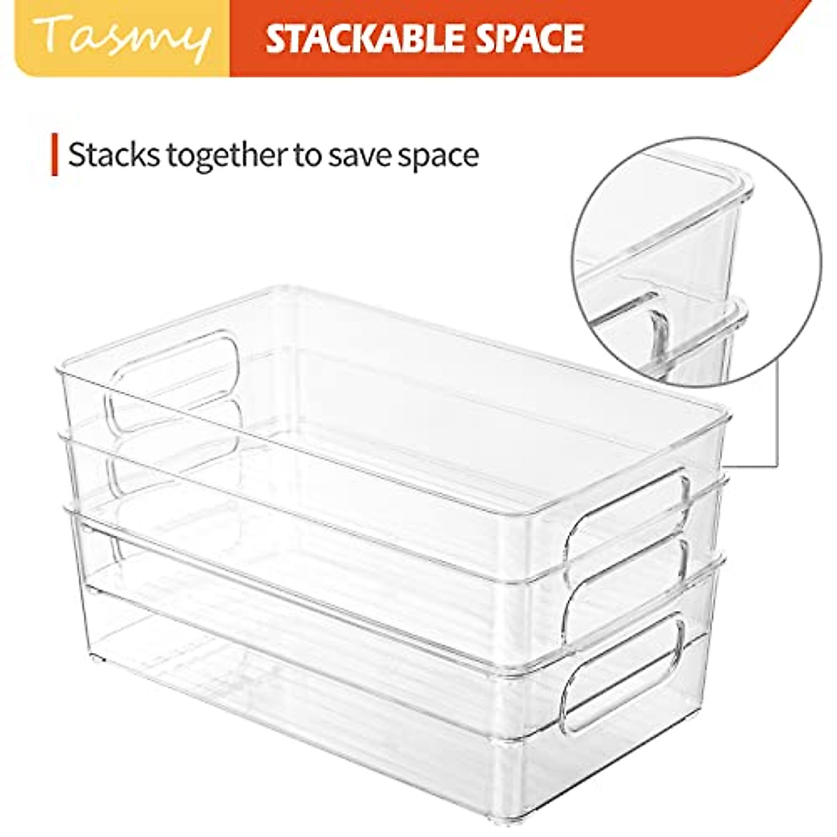 Tasmy Set of 4 Refrigerator Organizer Bins - Stackable Fridge Organizers with Handles for Freezer, Kitchen, Countertops, Cabinets - Clear Plastic Pantry Food Storage Rack, BPA Free