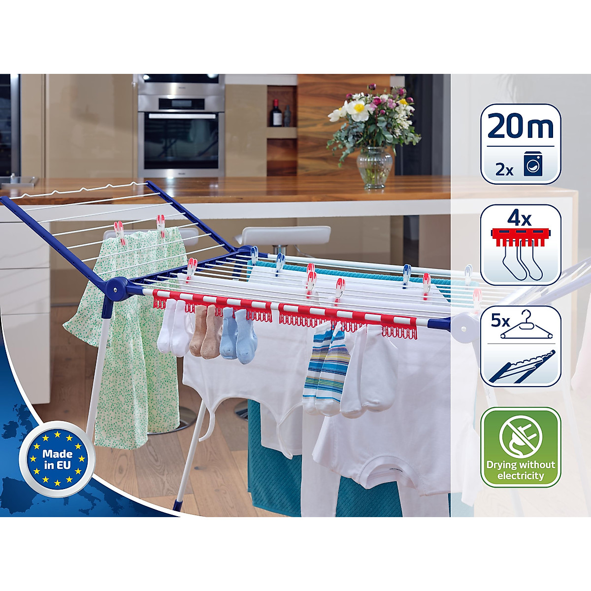 Leifheit Pegasus 200 Solid Standing Clothes Airer with Accessories, Folding Clothes Rack for Outdoor and Indoor, 20 m Clothes Horse with 4 Clips for Drying Small Items and 5 Hangers [Amazon Exclusive]