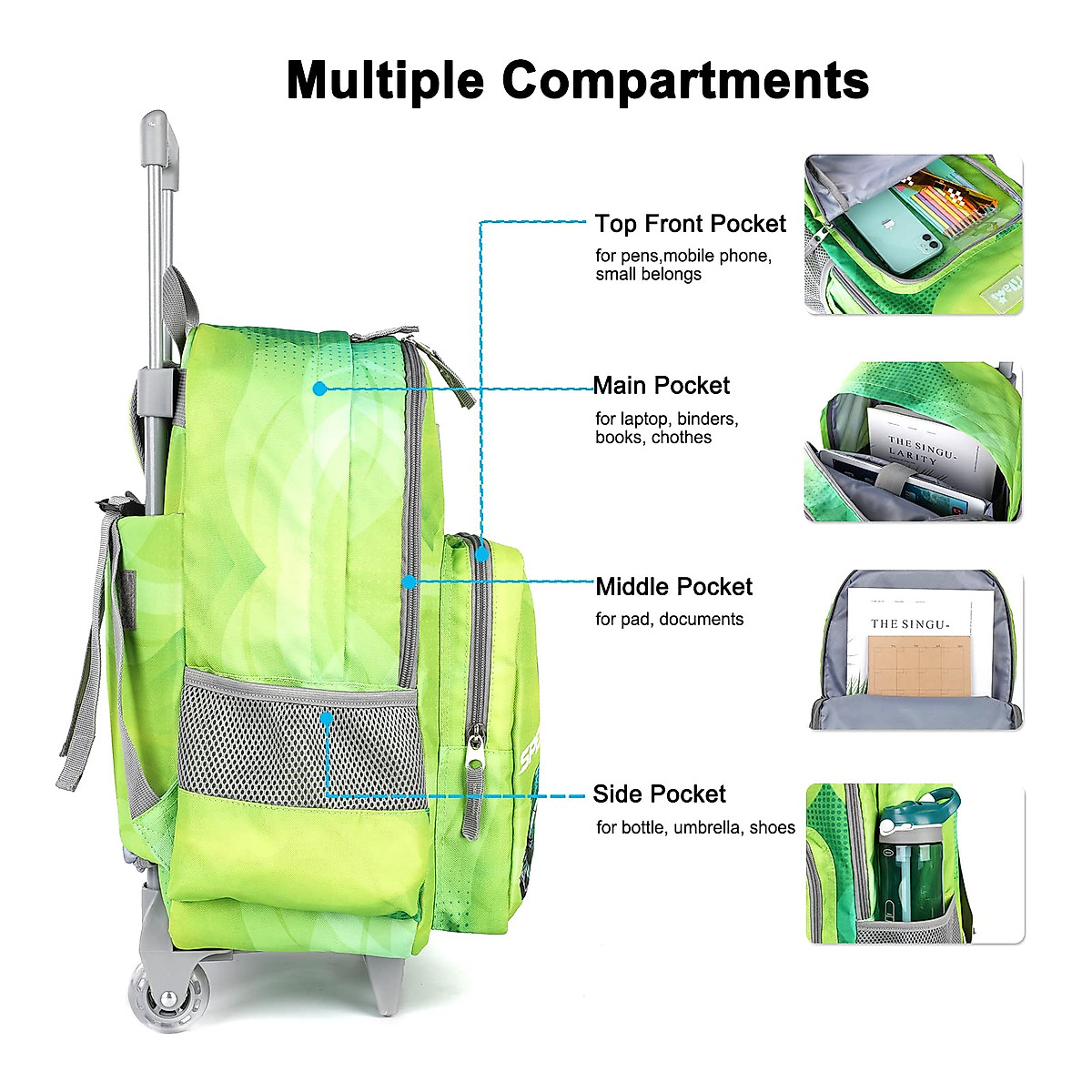 Tilami Rolling Backpack 18 inch Double Handle with Lunch Bag Wheeled Kids Backpack, Spaceship Blue